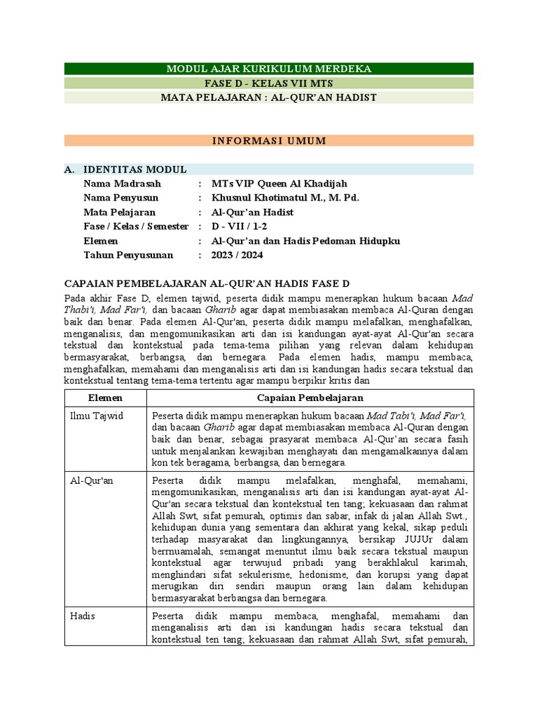 Modul Qurdis 7 Bab 1 - Al-Qur - An Dan Hadis Pedoman Hidupku | PDF