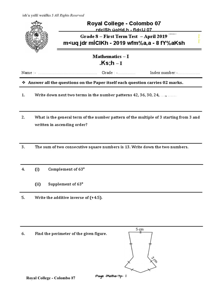 Royal College Grade 08 Mathematics First Term Paper English Medium ...