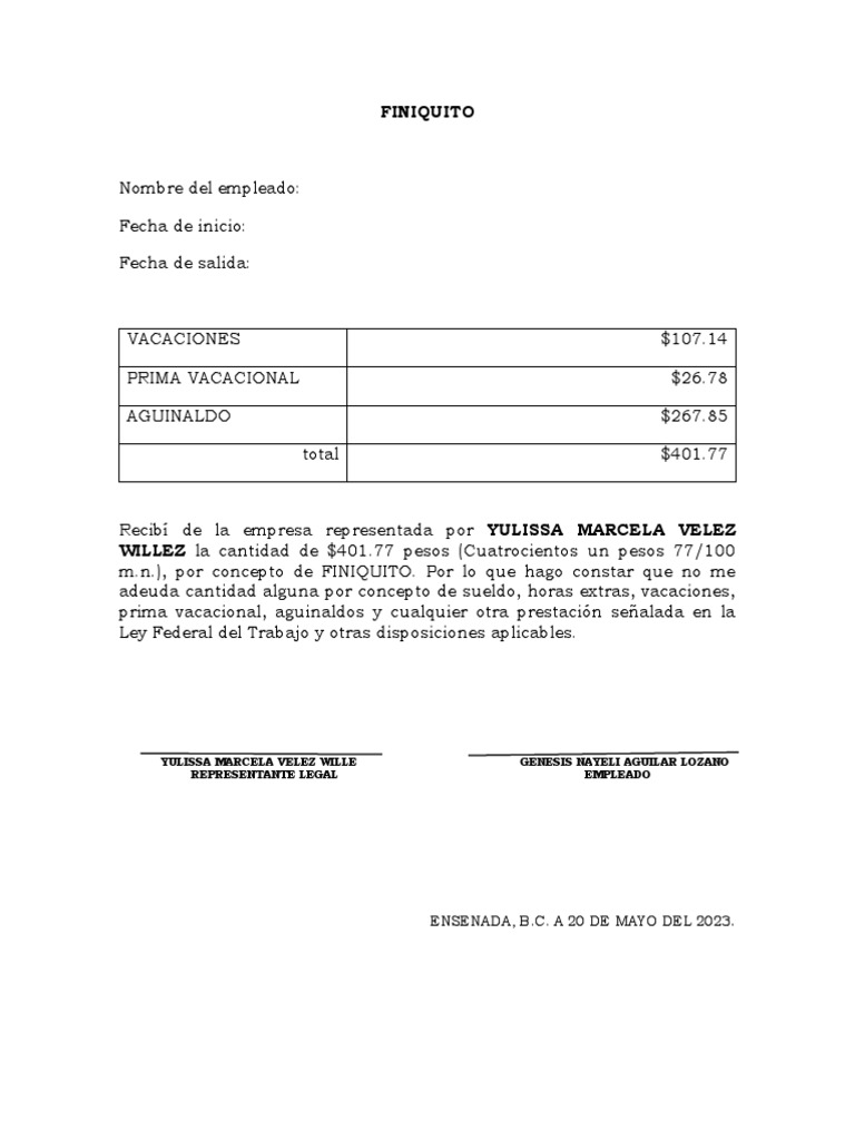 Finiquito Laboral Detallado 2023 | PDF