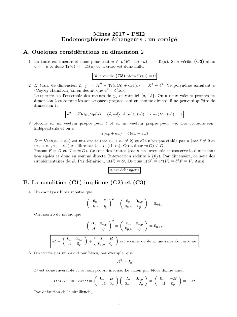 Mines 2017 - PSI2 Endomorphismes Echangeurs: Un Corrig e A. Quelques Consid Erations en ...