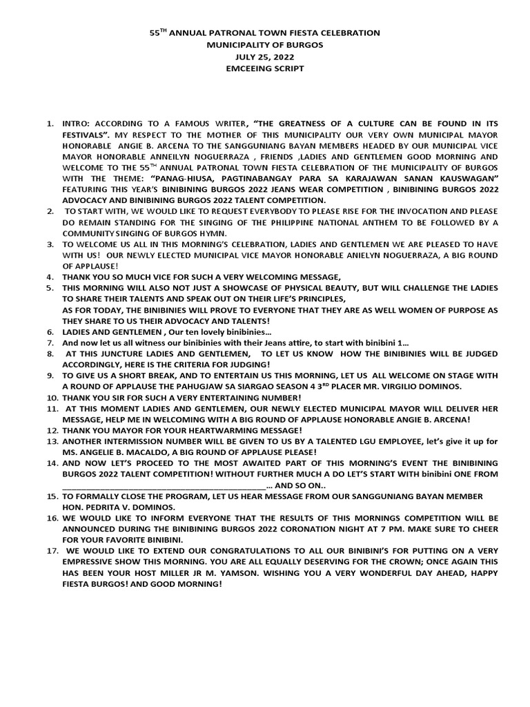 Emcee Script for Burgos Fiesta 2022 | PDF