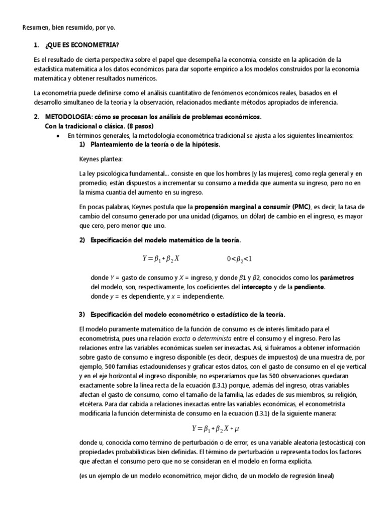 Resumen, resumidoECONOMETRÍA | PDF | Econometría | Estadísticas
