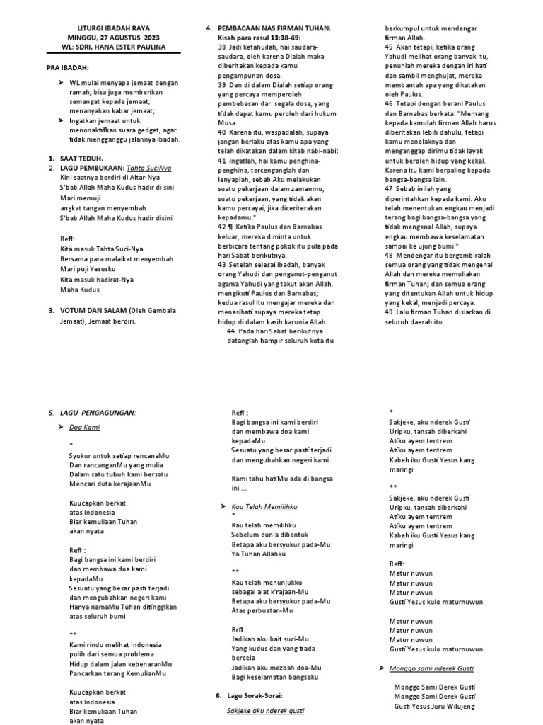 Liturgi Ibadah Minggu, 27 Agustus 2023 - Hana Ester Paulina | PDF