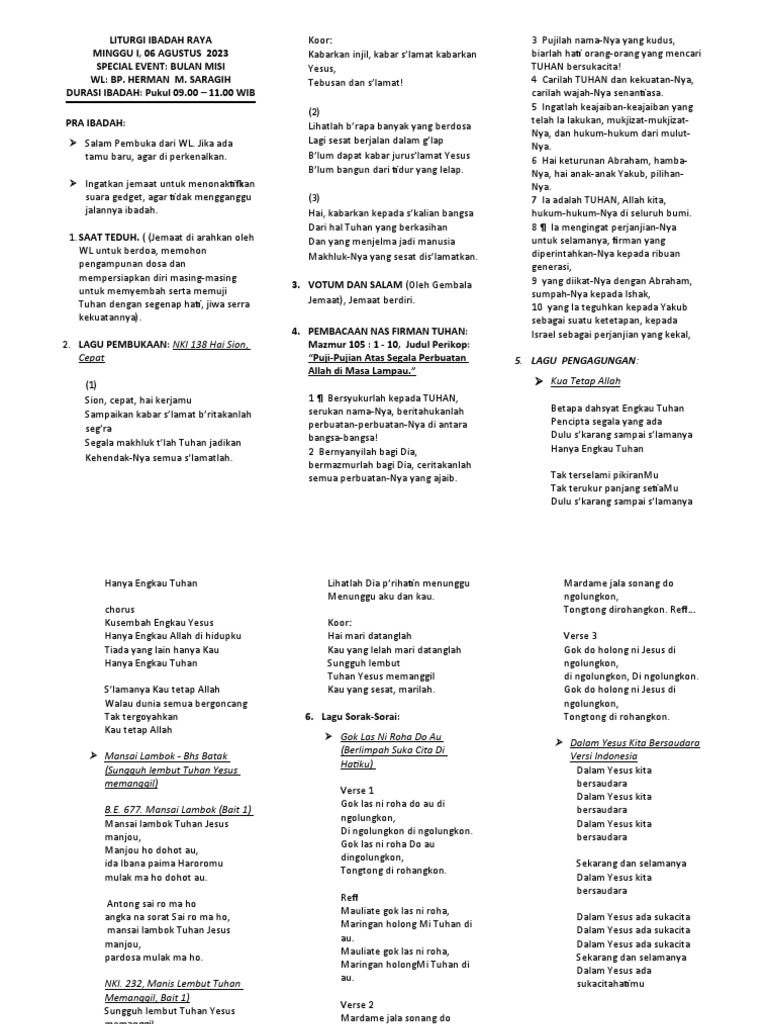 Liturgi Ibadah Minggu, 06 Agustus 2023 - BP Herman Saragih | PDF