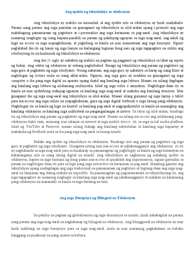 Ang Epekto NG Teknolohiya Sa Edukasyon | PDF Ang Epekto NG Teknolohiya Sa Edukasyon | PDF