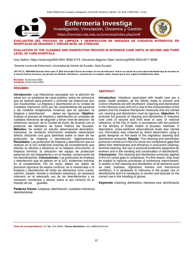 Proceso de Limpieza y Desinfección en Unidades de Cuidados Intensivos | PDF | Hospital | Unidad ...