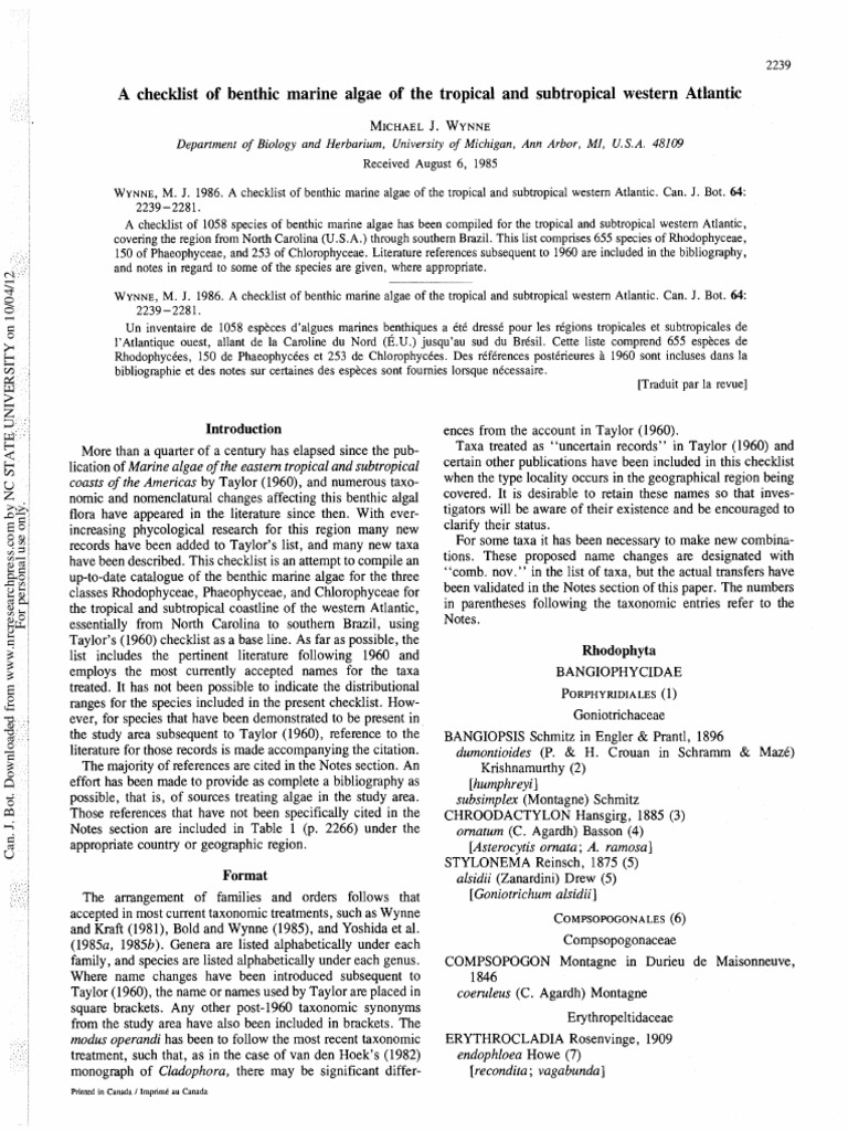 1985 a Checklist of Benthic Marine Algae of the Tropical and ...