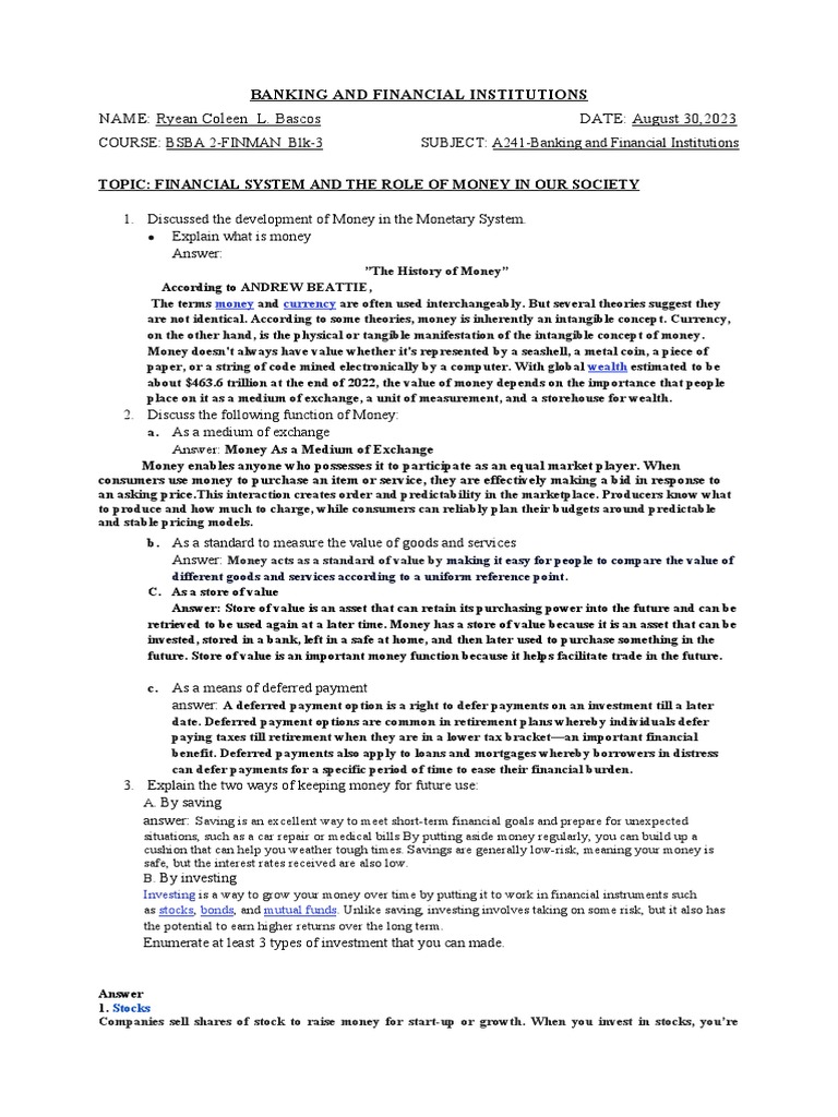 The Financial System and The Role of Money in The Society Activity 1 ...