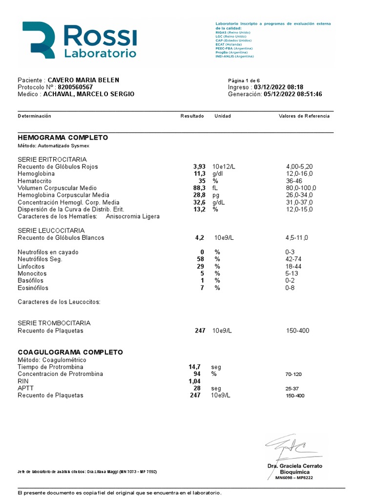 Hemograma Completo: Jefe de Laboratorio de Análisis Clínicos: Dra - Liliana Maggi (MN 7073 - MP ...