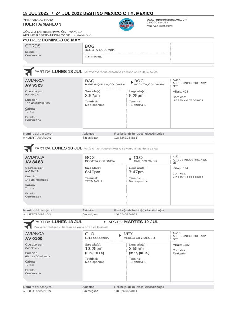 Reserva de Viaje 18 Julio para MARLON HUERTA | PDF | Bogotá | Aviación ...