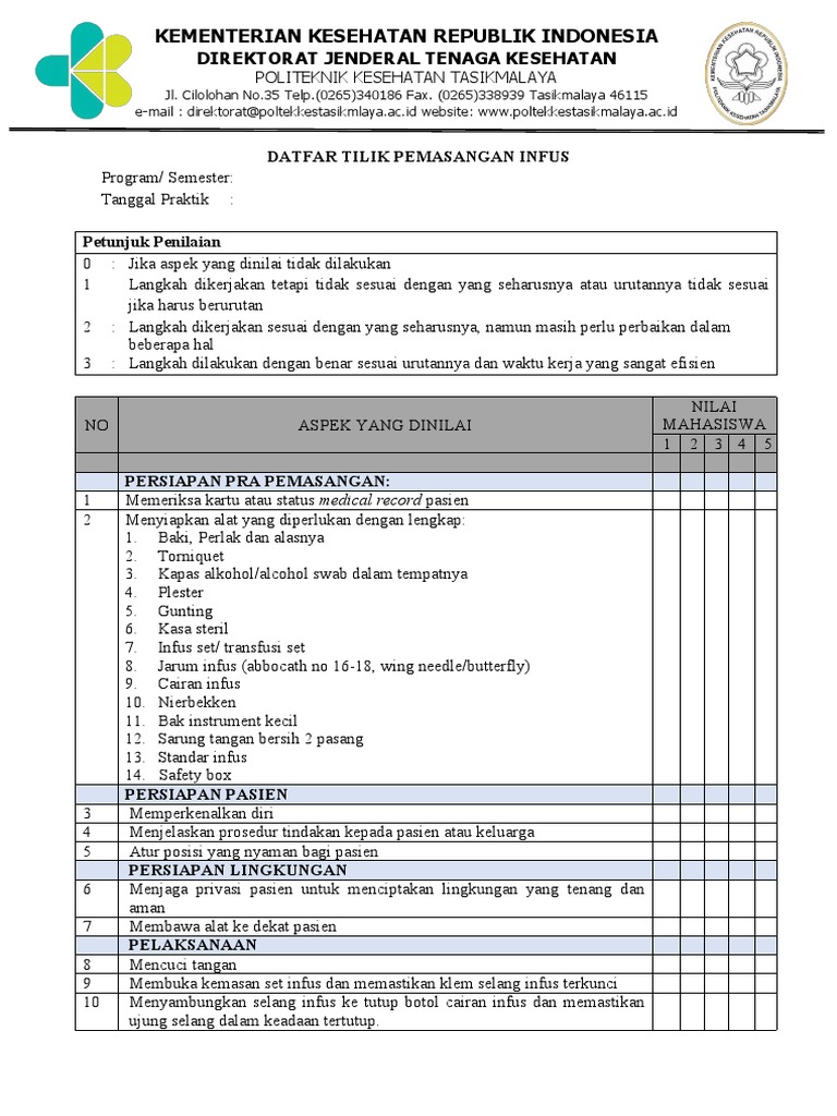 Daftar Tilik Pemasangan Infus | PDF