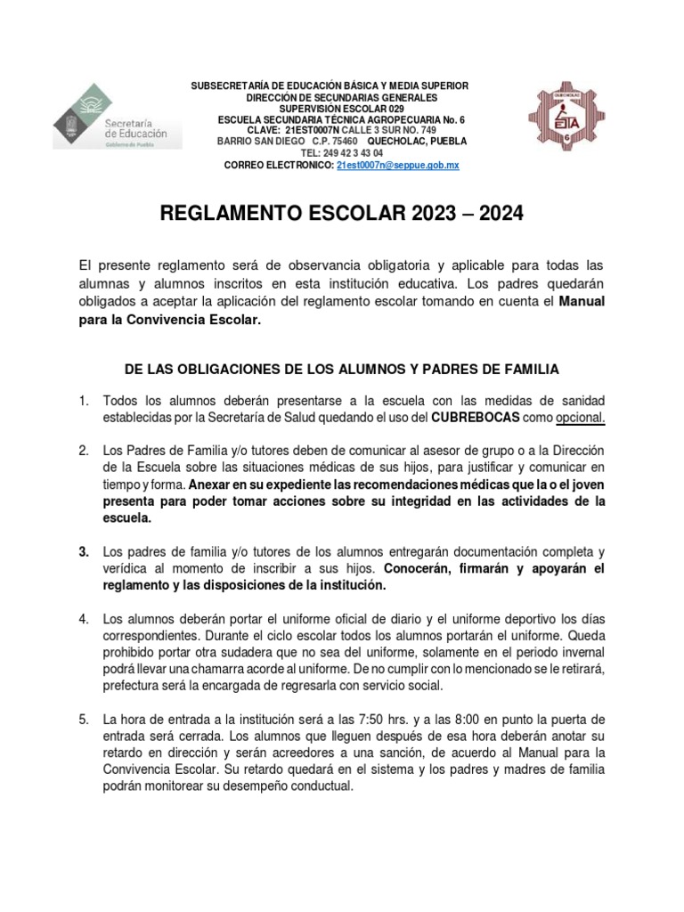 Reglamento Escolar Ciclo Escolar 2023 - 2024 | PDF