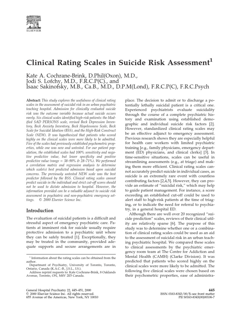 Clinical Scales for Suicide Risk Assessment | PDF | Sensitivity And ...