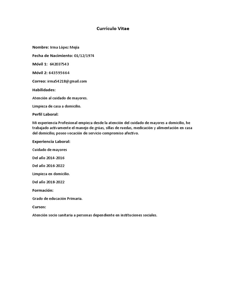 Currículo Vitae Irma | PDF | Estilo de vida
