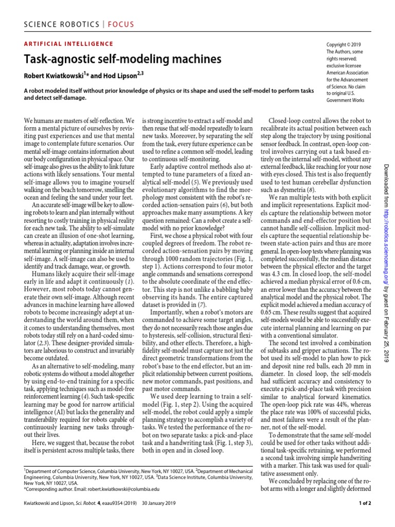 Task-Agnostic Self-Modeling Machines | PDF | Robot | Robotics