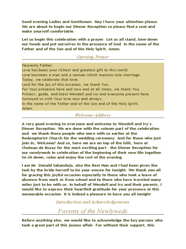 EMCEE Wedding Script | PDF | Wedding | Bride