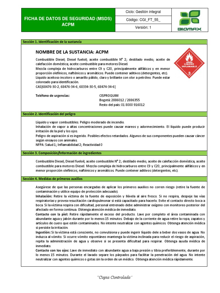 CGI - FT - 55 - Ficha de Datos de Seguridad (MSDS) ACPM | PDF | Agua ...