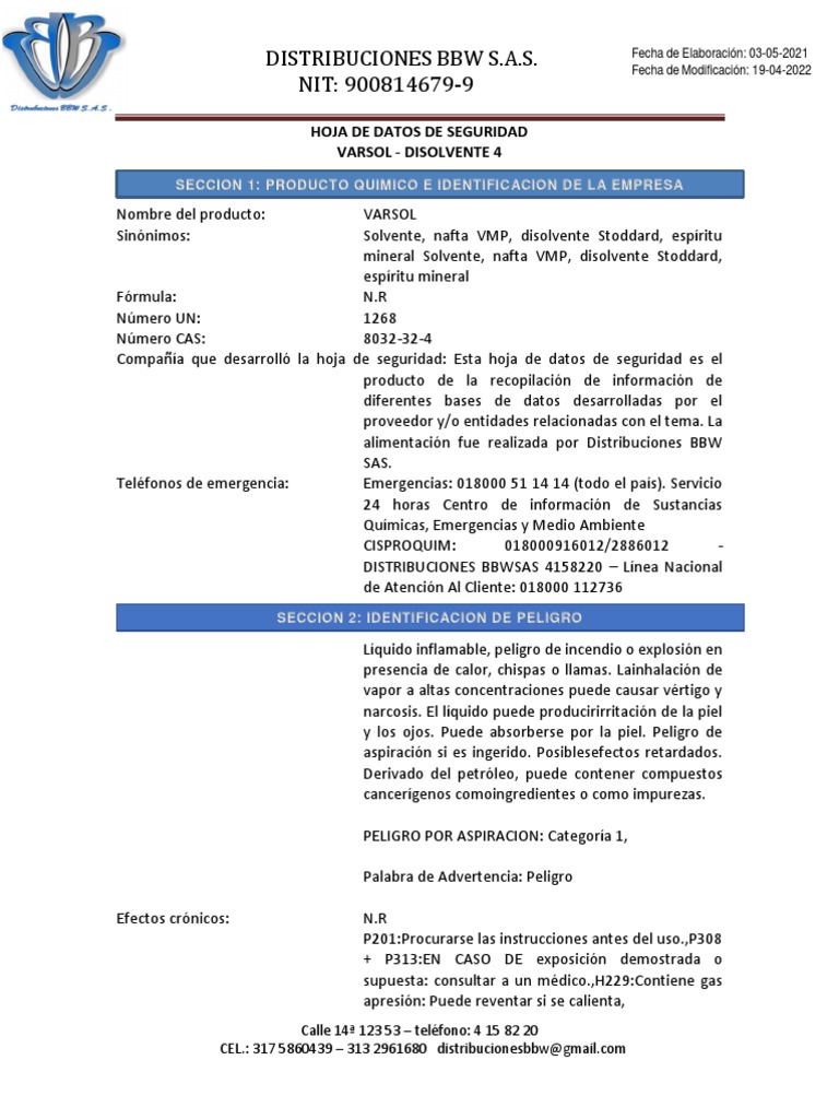 Hoja de Seguridad del Varsol 2024 | PDF | Agua | Incendios