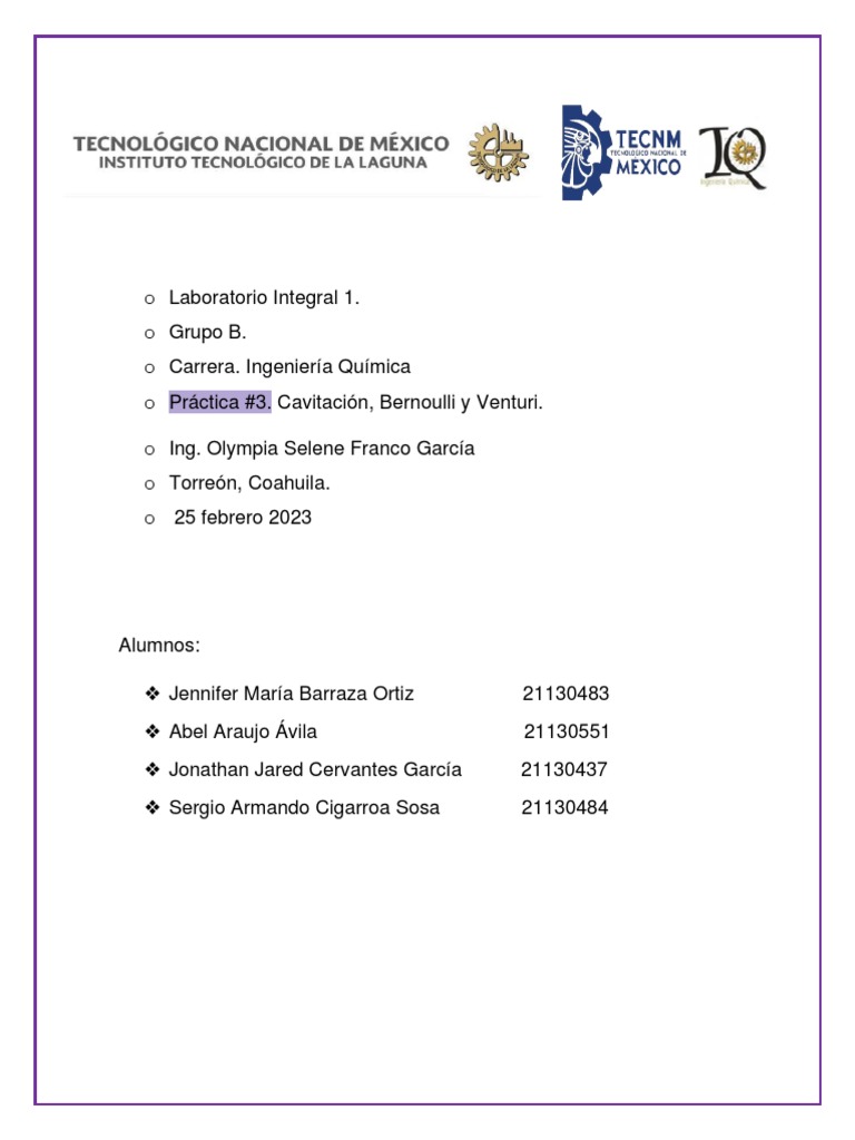 Práctica #3. Cavitación, Bernoulli y Venturi. | PDF | Dinámica de fluidos | Líquidos