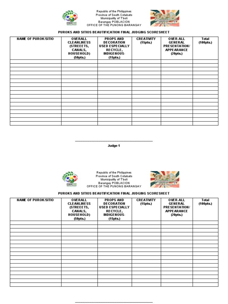 Purok Beautification Contest Scoresheet | PDF | Philippines