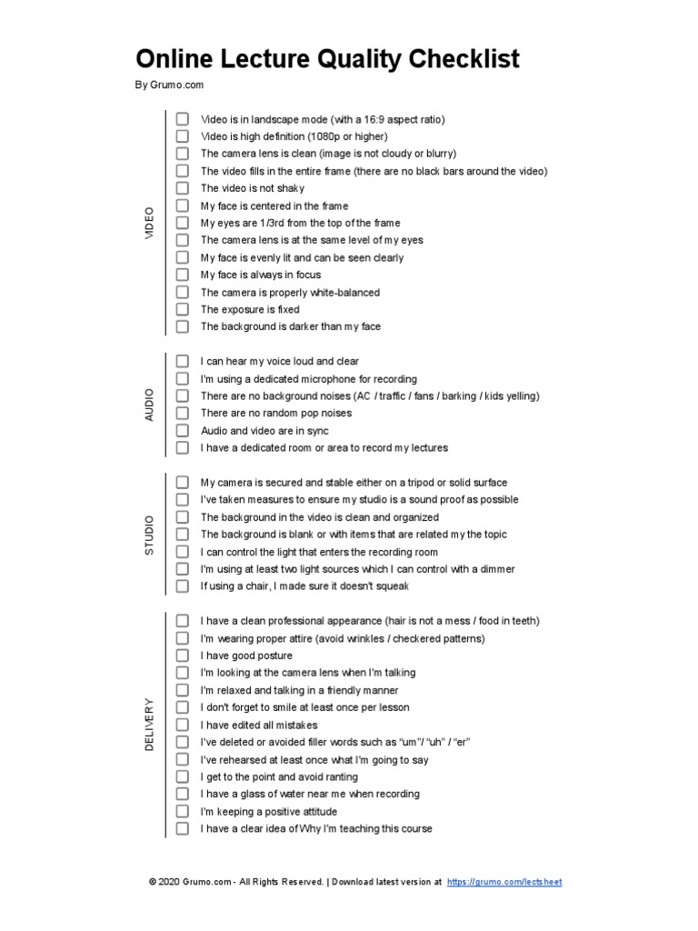 Online Lecture Quality Checklist Grumo | Download Free PDF | Camera | Recording