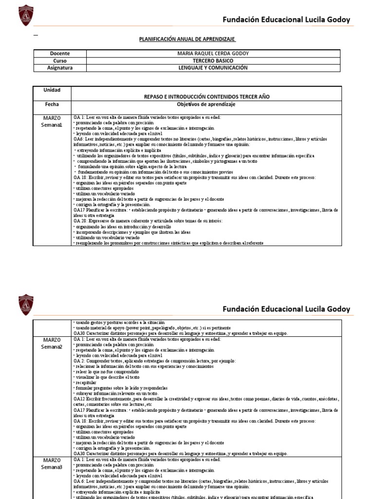 Planificación Anual Lenguaje Tercero Básico | PDF | Comprensión lectora ...