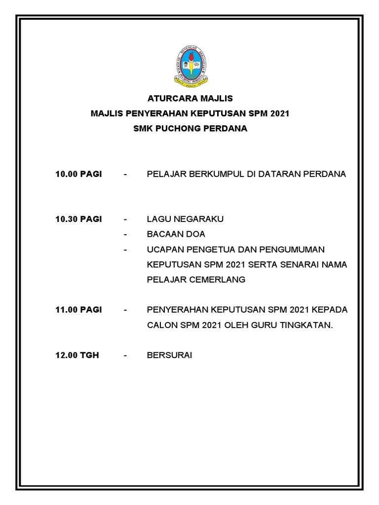 Aturcara Majlis Penyerahan Keputusan SPM 2021 | PDF