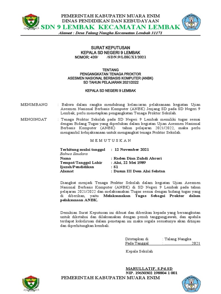 SK Proktor & Teknisi ANBK | PDF