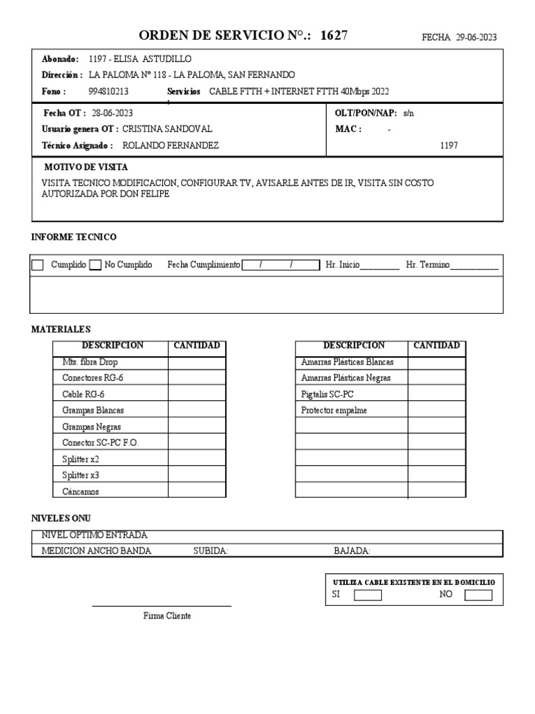 Orden de Servicio N°.: 1627: Utiliza Cable Existente en El Domicilio | PDF