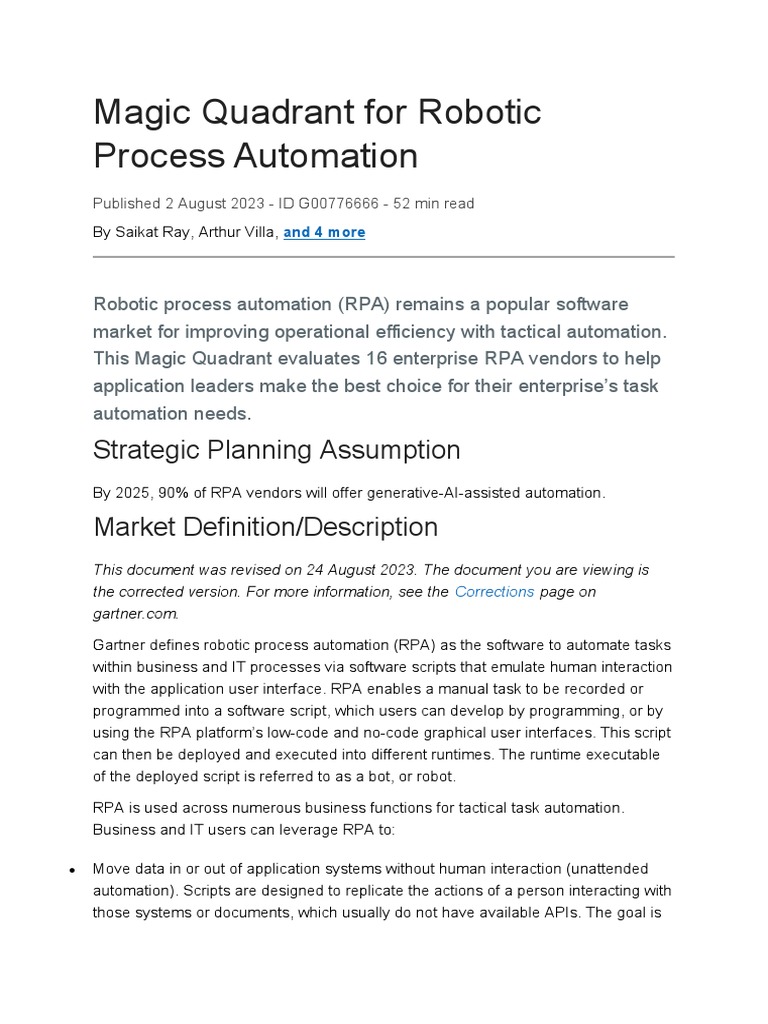 Magic Quadrant For Robotic Process Automation | PDF | Cloud Computing | Automation