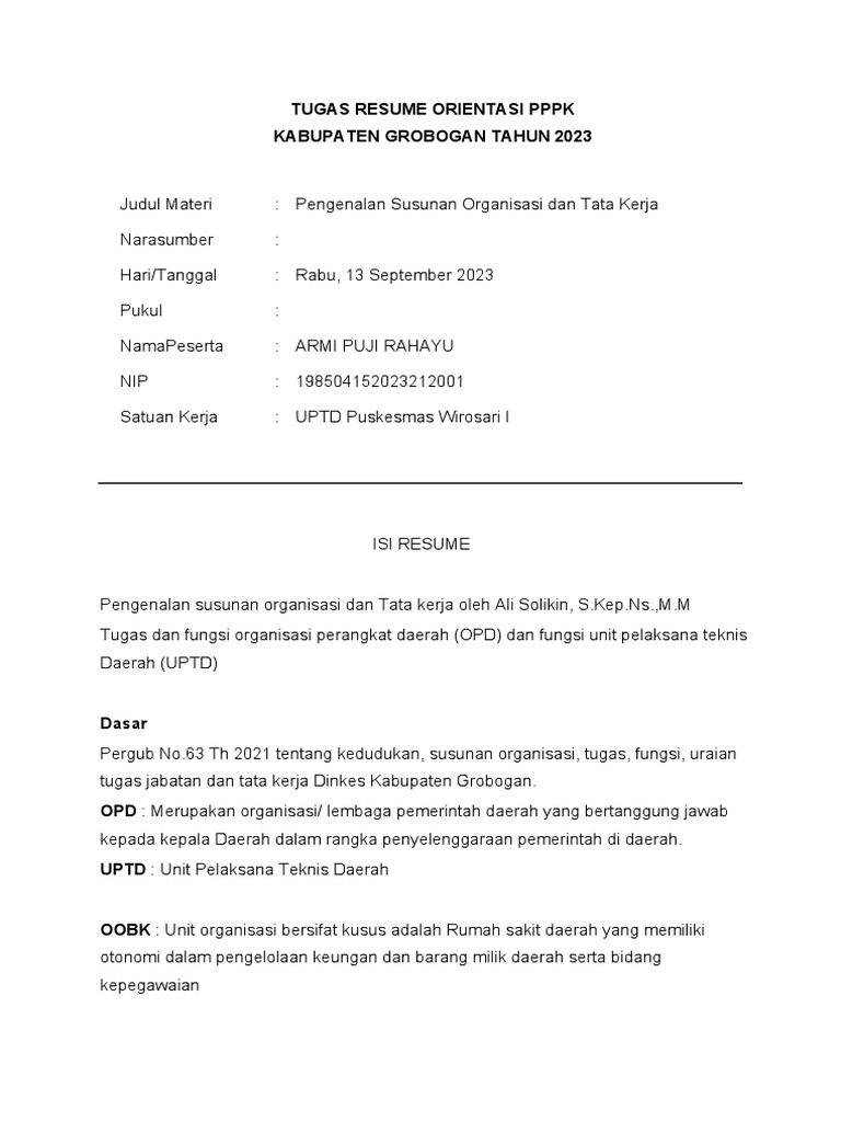 Armi - Resume Hari 2 Orientasi PPPK Kabupaten Grobogan Tahun 2023 | PDF