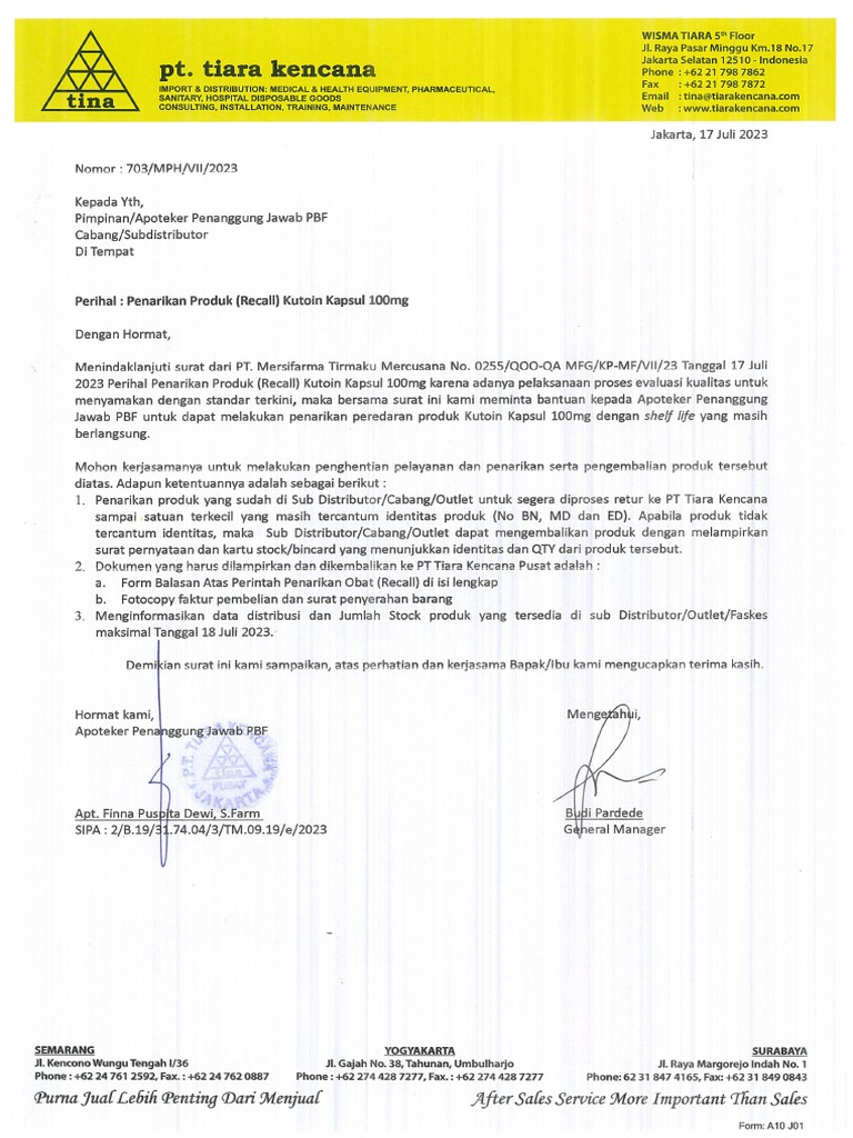 Surat Recall Kutoin Principal | PDF