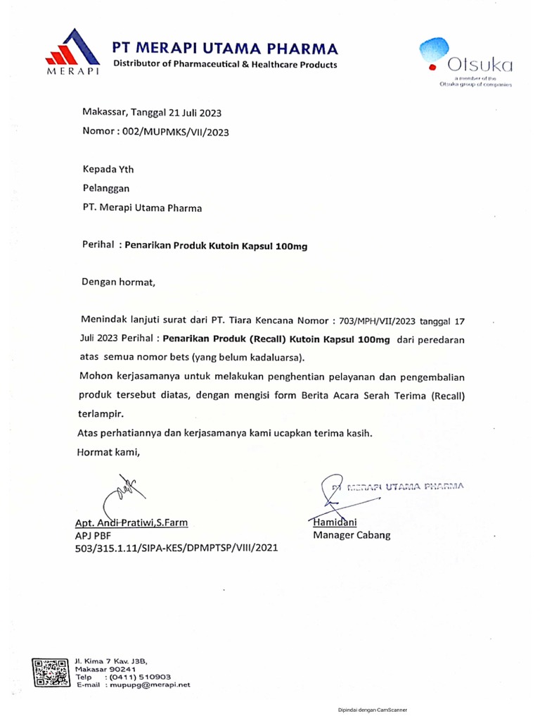 Surat Recall Kutoin | PDF