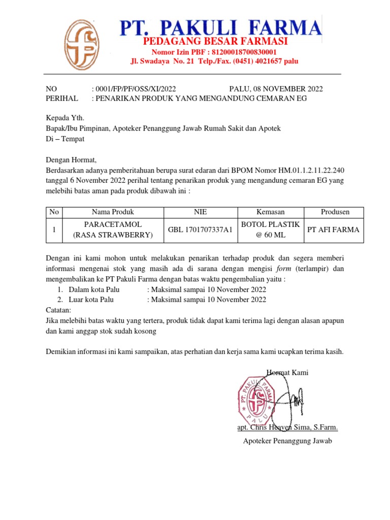 Surat Recall Obat Paracetamol EG | PDF