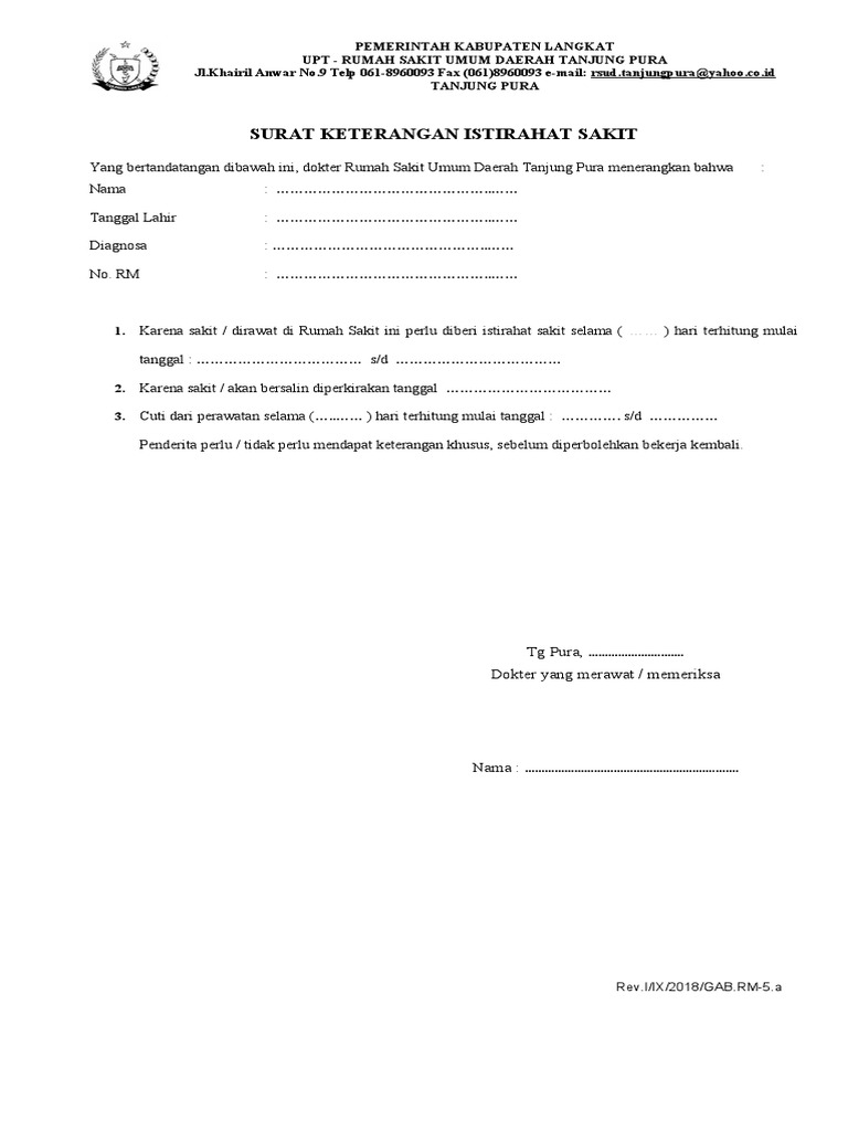 Surat Keterangan Istirahat Sakit RSUD Tanjung Pura | PDF | Kesehatan Holistik