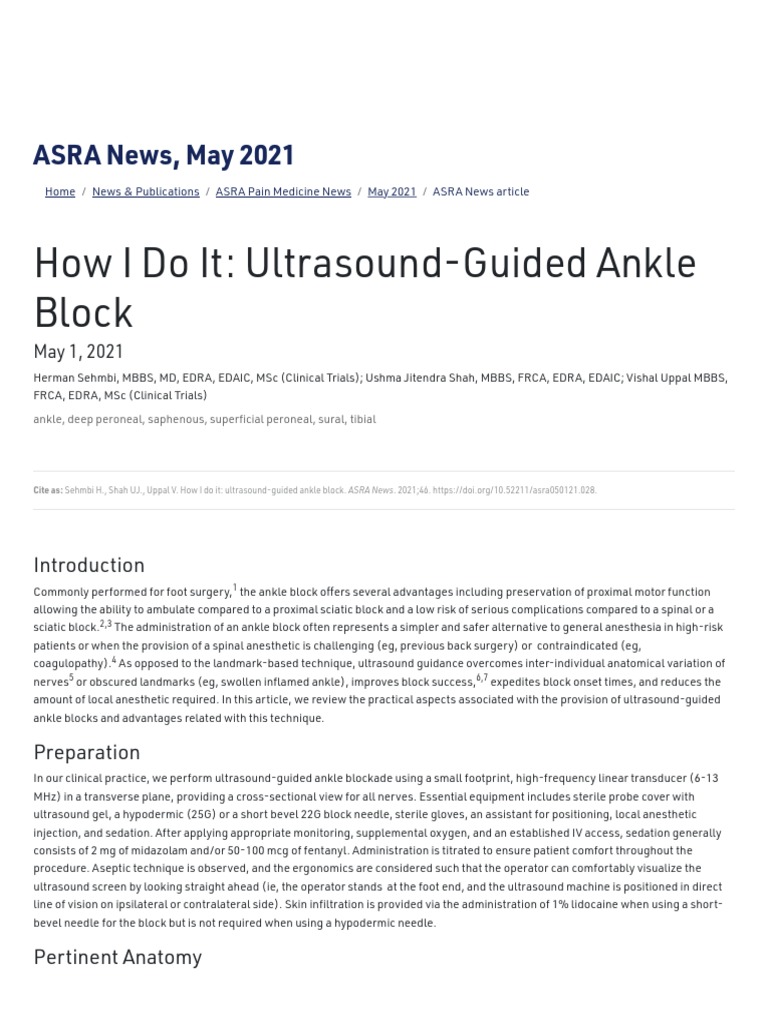 Ultrasound-Guided Ankle Block Technique | PDF