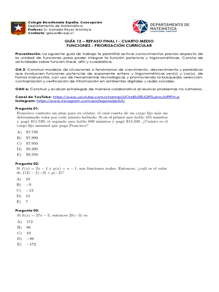 Guia 12. Repaso Final I. Funciones | PDF