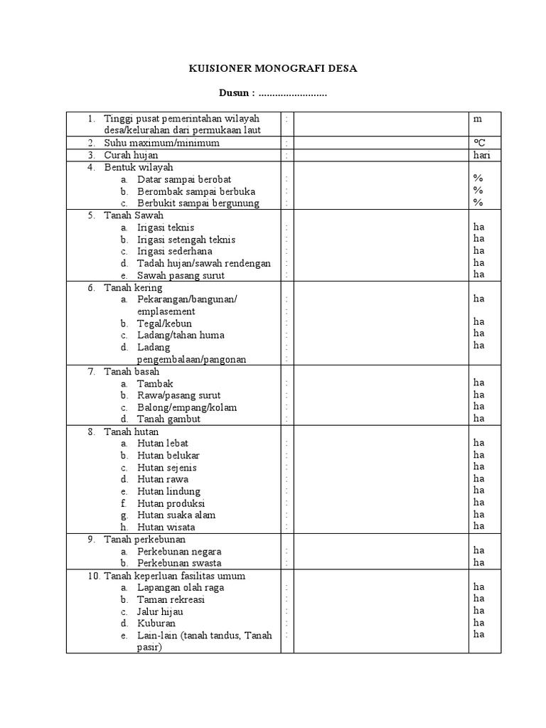 Kuisioner Monografi Desa | PDF