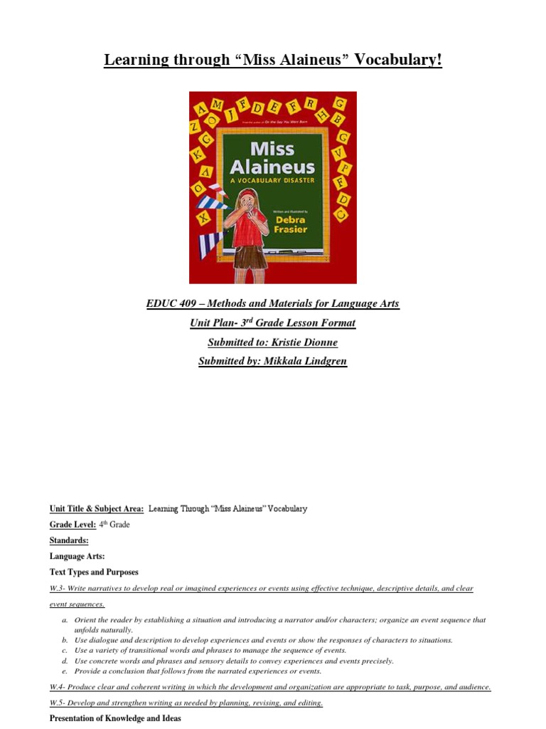 Miss Alaineus Vocabulary Unit Plan | PDF