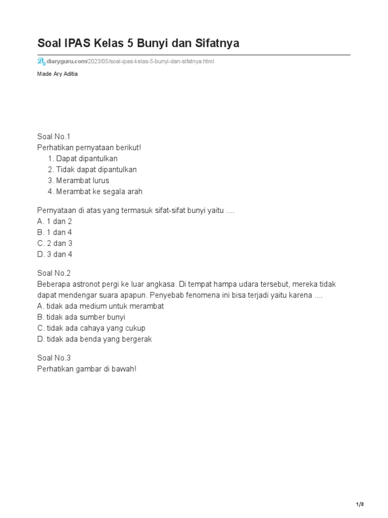 Soal IPAS Kelas 5 Bunyi Dan Sifatnya | PDF