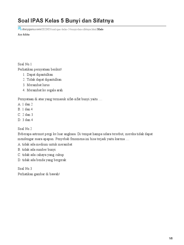 Soal IPAS Kelas 5 Bunyi Dan Sifatnya | PDF