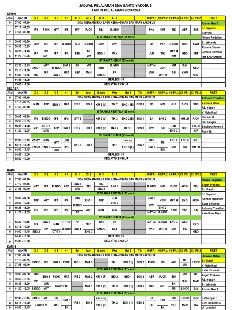 Jadwal Pelajaran Sma Santo Yakobus 2023-2024 - Fix | PDF