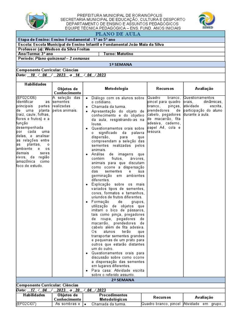 2º Plano de Aula de Ciências 2023 | PDF | Pedagogia
