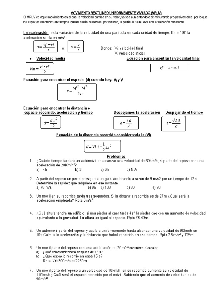MRUV 5°Grado | PDF | Velocidad | Aceleración