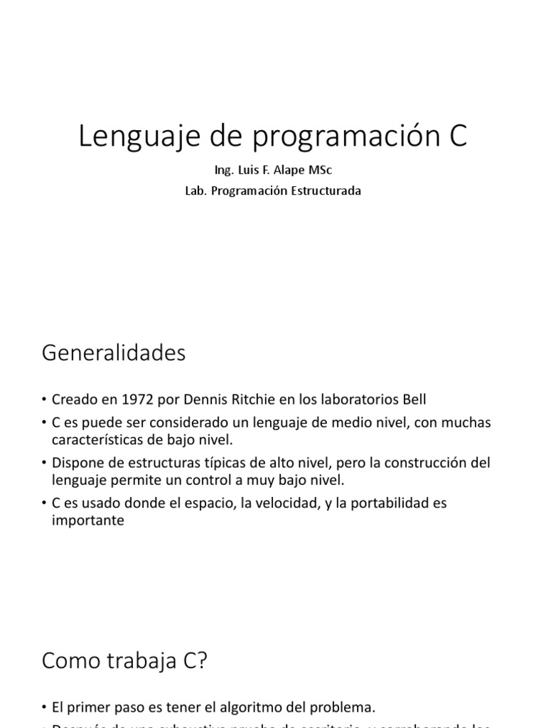 Lenguaje De Programación C Ing Luis F Alape Msc Lab Programación Estructurada Pdf