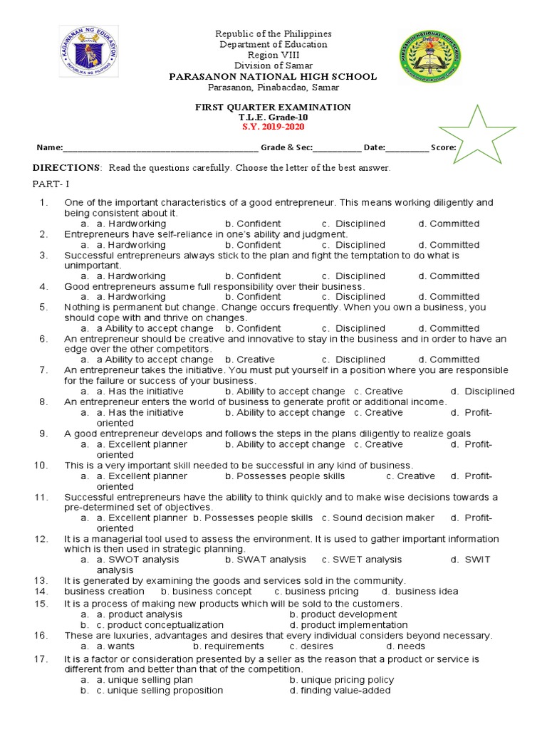 Tle Exam 1ST Quarter G10 | PDF | Power Supply | Personal Computers