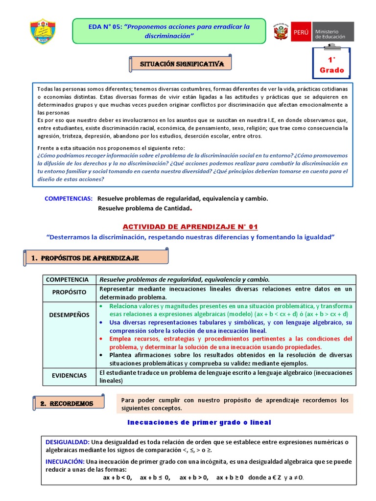 Ficha de Actividades 01 - 1° Inecuaciones | PDF | Desigualdad (Matemáticas) | Discriminación