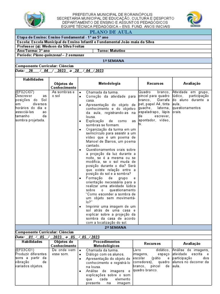 3º Plano de Aula de Ciências 2023 | PDF | Pedagogia | Imagem