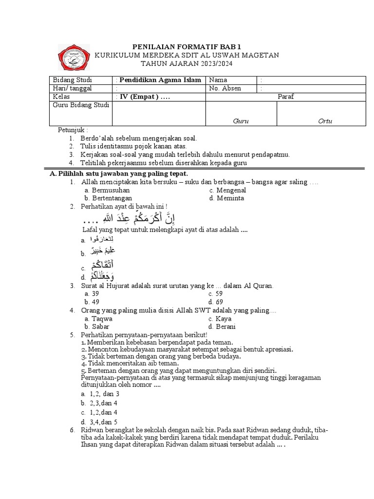 Soal Penilaian Formatif Bab 1 Pai | PDF