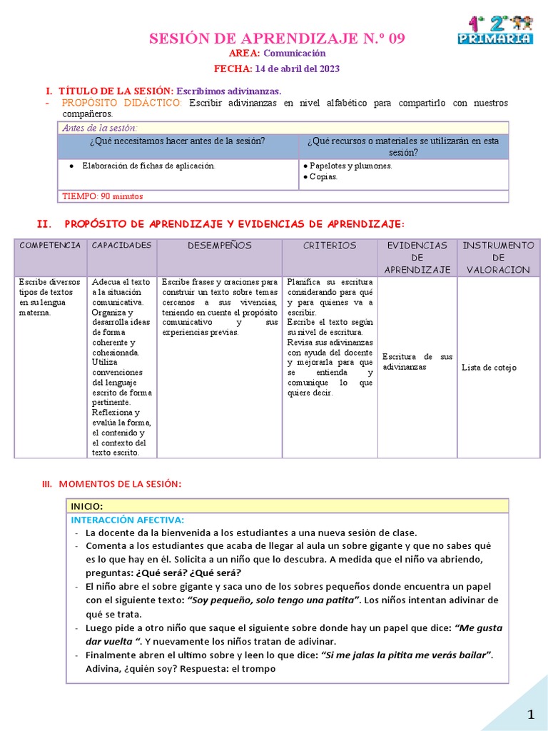 SESION 09-III CICLO-COM-Escribimos Adivinanzas | PDF | Aprendizaje